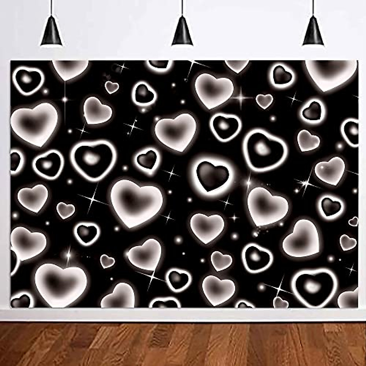 VOUORON 7x5ft Early 2000s Backdrop for Black Heart Party Photography Backdrops Glitter Heart Sweet 16 Happy Birthday Photo Background Wall Decor Valentines Day Photoshoot Banner