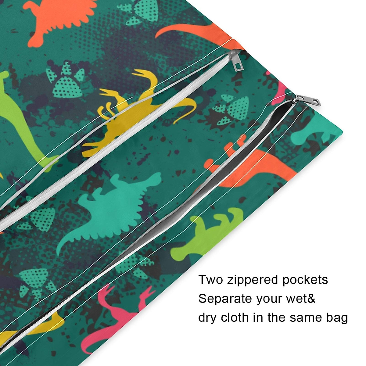 Qilmy 2pcs Dinosaur Wet Dry Bag Waterproof Reusable Baby Cloth Diaper Wet Dry Organizer for Travel, Beach, Stroller, Diapers, Wet Swimsuits, Toiletries