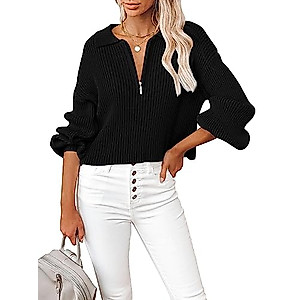Pink Queen Women's 2023 Fashion V Neck Collared Crop Sweaters Casual Loose Lantern Long Sleeve Half Zip Slouchy Ribbed Knit Jumper Tops Black L