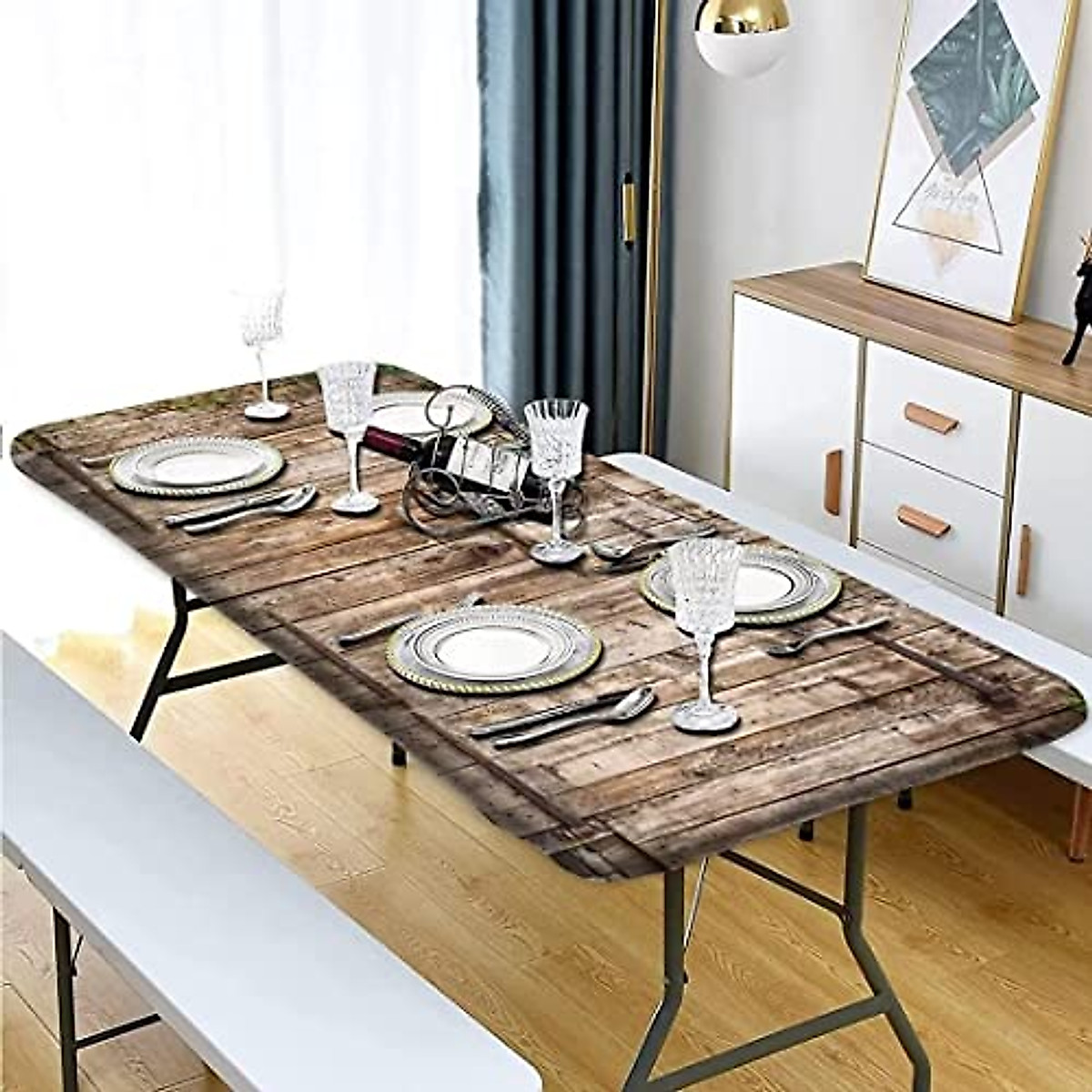 Polyester Rectangle Fitted Elastic Edge Table Cloths, 4 ft-(24" x 48"), Wooden Grain Barn Door Polyester Waterproof Wipeable Table Cloth, for Outdoor Picnic Camping and Indoor Kitchen Dining Party