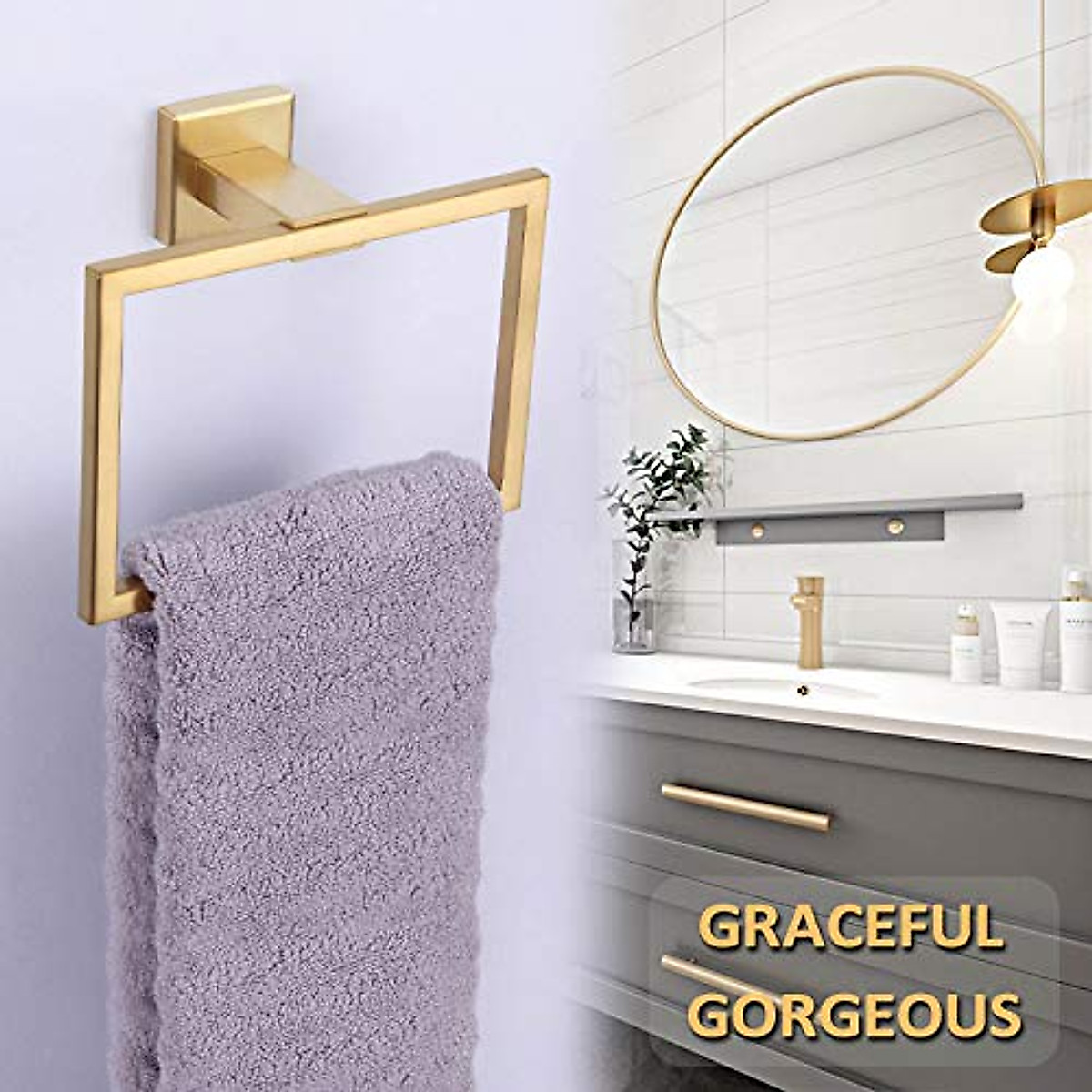 Hand Towel Holder Brushed Gold, Angle Simple SUS304 Stainless Steel Square Towel Ring, Bathroom Towel Hanger for Wall, 7.09-Inch