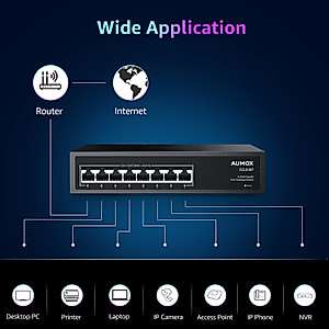 Aumox 8 Port Gigabit PoE Switch, 8 Port PoE 120W, Gigabit Ethernet Unmanaged Network Switch, Plug and Play, Sturdy Metal Housing, Traffic Optimization