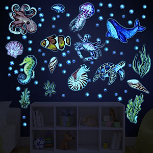 52 Pieces Glowing Wall Stickers Sea Turtle Wall Decals Ocean Creature Wall Stickers Waterproof Ocean Wall Sticker PVC Sea Animals Wall Stickers for Kids Room Living Room Nursery Bathroom Decoration