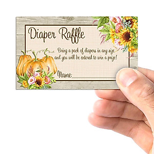 Amanda Creation Watercolor Sunflower & Peony Floral with Pumpkins Fall Diaper Raffle Tickets for Baby Showers, 20 2" X 3” Double Sided Inserts, Bring a Pack of Diapers to Win
