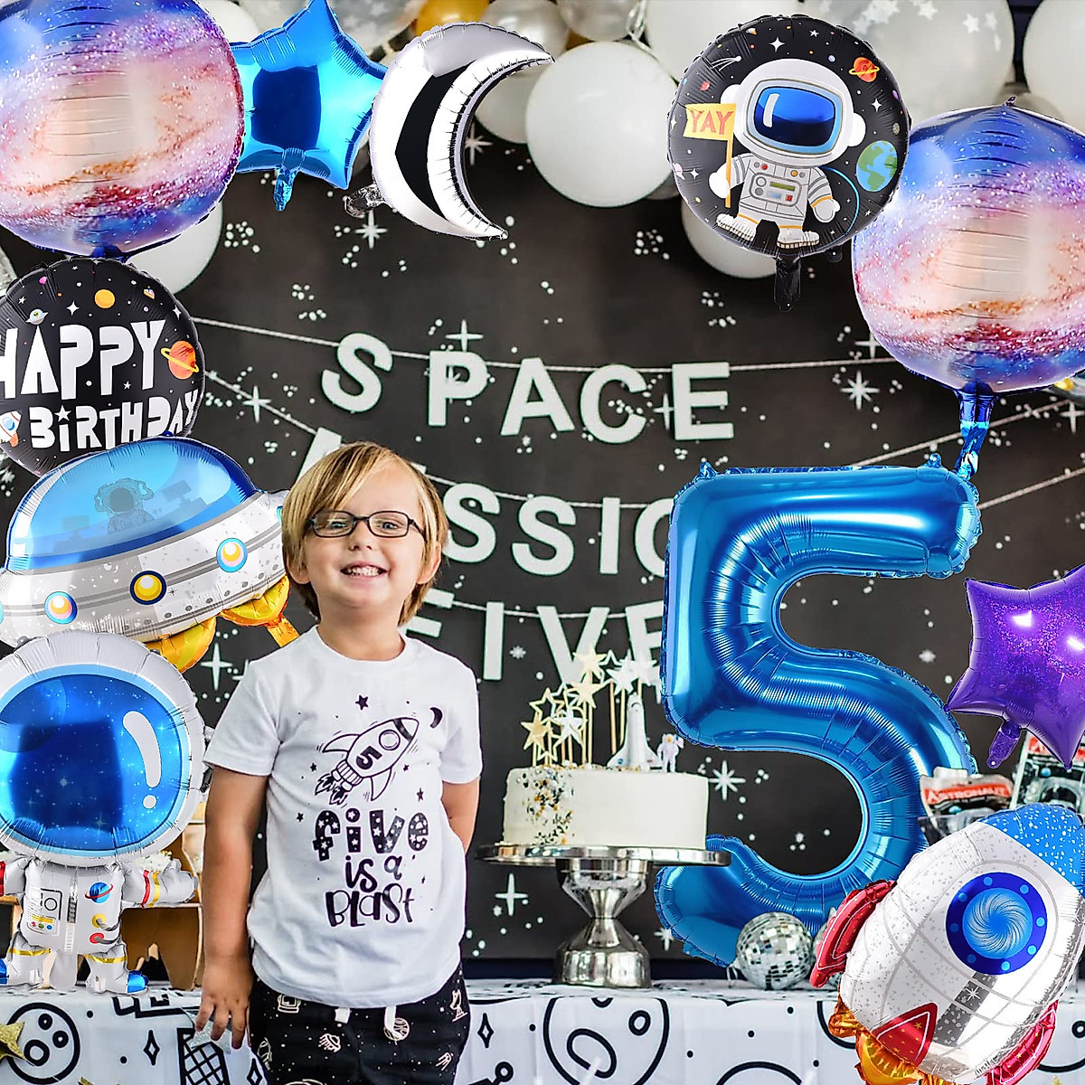 Beyton 11 PCS Space theme Birthday Party Decoration Astronaut Foil Balloons For 5th Outer Space Birthday Party Supplies (Blue-5th)