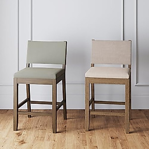 Nathan James Linus Modern Upholstered Counter Height Bar Stool with Back and Solid Rubberwood Legs in a Dark Brown Wood, Natural Light Grey/Brown, Set of 4