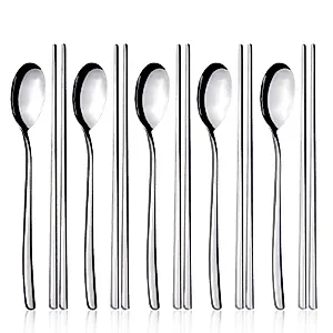 IQCWOOD Spoon and Chopsticks Set, 5 Pair Stainless Steel Metal Chopsticks Spoon Set, 5 Set Korean Chopsticks and Spoons, Reusable Flat Long handle Chopstick Spoon Set for Home, Kitchen or Restaurant