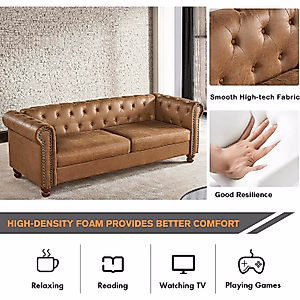 LAVHOME Chesterfield 3 Seater Velvet Button Tufted Sofa, Upholstered Couch with Nailhead Arms Solid Wood Legs for Living Room Office Bedroom Apartment (Brown)