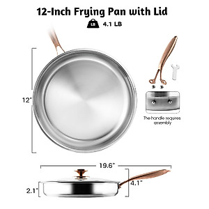 Bakpoco Tri-Ply Stainless Steel Pan with Lid, 12 inch Frying Pan Fully Clad Sauté Pan Induction-Ready Skillet Up to 600℉, 18/10 Stainless Steel Clad Pan with Copper Handle