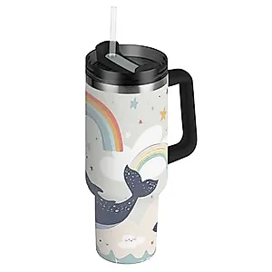 FRCSDIY Rainbow Whale Insulated Tumbler with Handle and Straw Lid,40oz Leakproof Stainless Steel Cup BPA-Free Water Bottle