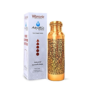 VIBRANIC Aquatic Copper Water Bottle 34oz - Leak Proof - Ayurvedic Copper Bottle for Sports, Fitness, Yoga - Natural Health Benefits - DARK EMBOSSED - Made in India