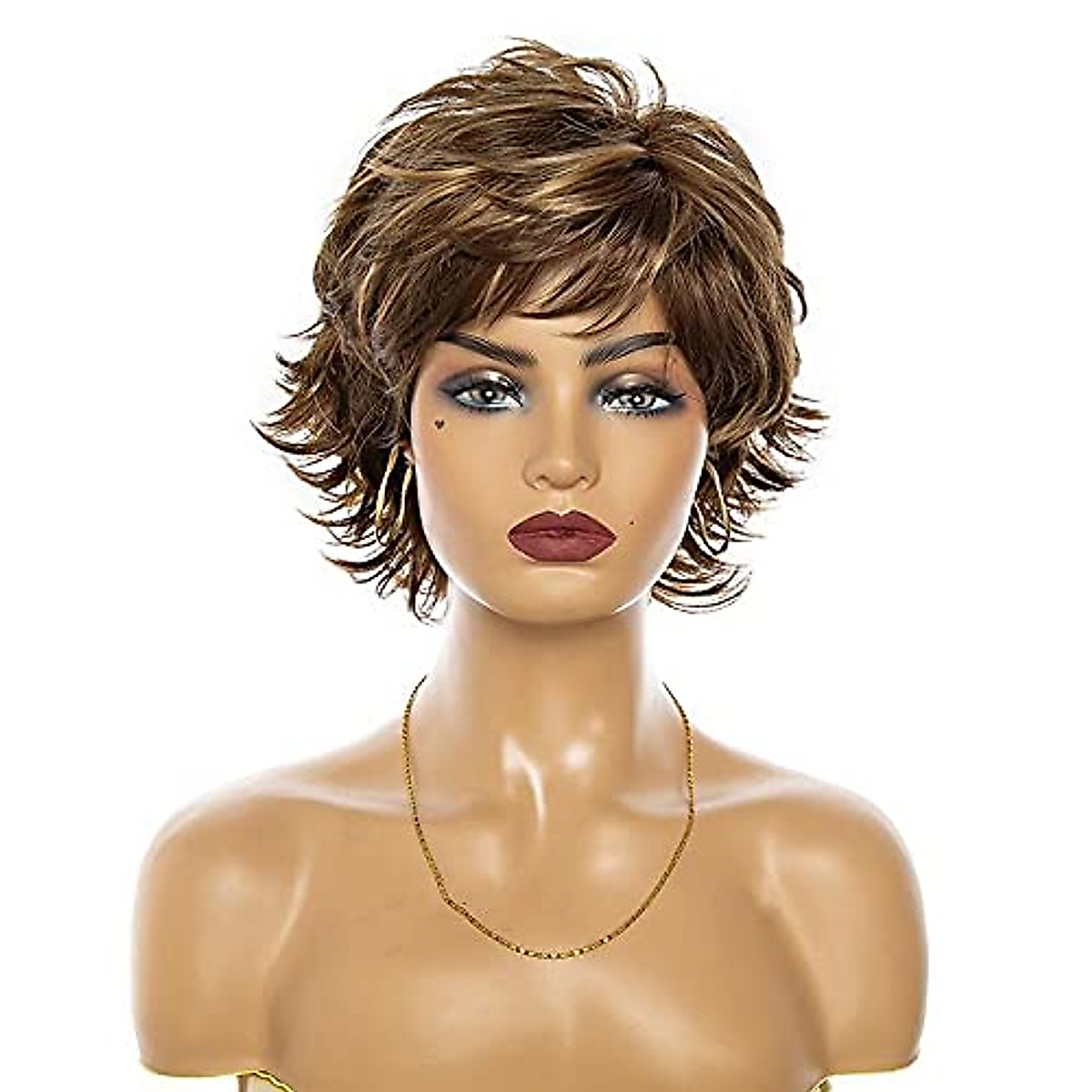 SENHORAS Short Hair Wigs for White Women Dark Brown Mixed Blonde Pixie Cut Wig with Bangs Brown with Highlights Wavy Synthetic Wig Natural Real Hair