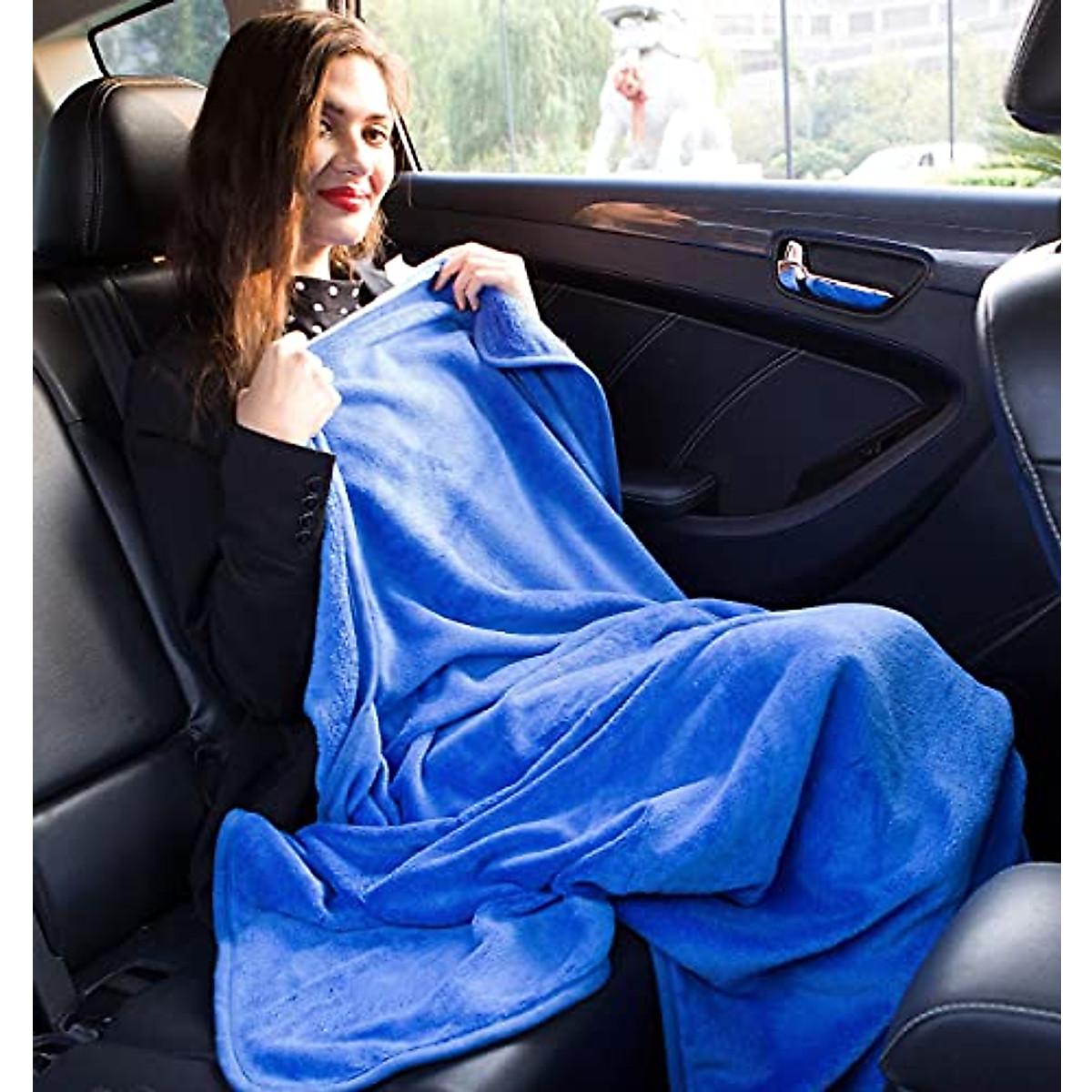 BlueHills Premium Soft Travel Blanket Pillow Airplane Blanket Packed in Soft Bag Pillowcase with Hand Luggage Belt and Backpack Clip, Compact Pack Large Blanket for Any Travel (Royal Blue T003)