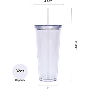 Zephyr Canyon 32oz Double Wall Plastic Tumblers with Lids and Straws | Extra Large Classic Travel Tumbler | 2 Pack Set of 2 | Clear Reusable Cups with Straws | BPA Free