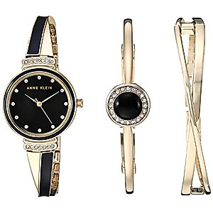 Anne Klein Women's AK/3292BKST Premium Crystal Accented Gold-Tone and Black Watch and Bangle Set