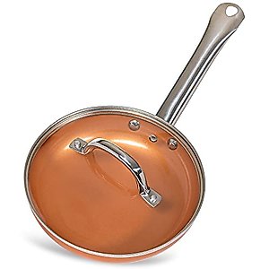 FOOD BOUTIQUE Copper Nonstick Ceramic Frying Pan with lid – 8-inch Egg Cooking Pan with tamper glass lid