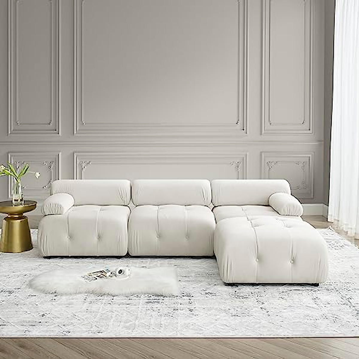 ERYE Cute Sectional DIY Combination Modern Convertible Modular Sofa & Couch Cloud Deep Seater Sofá, 93", Beige Velvet Button Tufted
