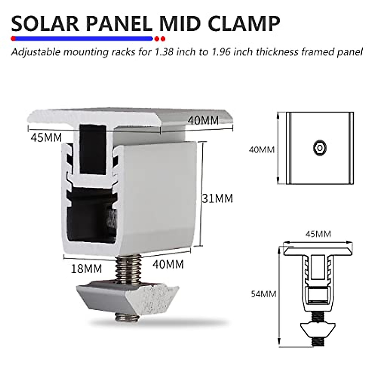 Solar Panel Mid Clamp Adjustable Metal Roof Solar Panel Module Mounting Racking Kits Assembly for 1.38 Inch to 1.96 Inch Thickness Framed Panel(4pcs)