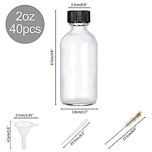 2oz Clear Glass Bottle with Poly Cone Cap, Boston Round Sample Glass Bottle for Potion, Juice, Ginger Shots, Oils, Whiskey, Liquids-48 Labels, 5 Funnels, 5 Droppers, 1 Brush & Chalk Marker-Pack of 40