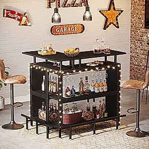 Tribesigns Home Bar Unit, L-Shaped Liquor Bar Table with Stemware Racks and 2-Tier Shelves, Corner Mini Bar Cabinet Coffee Bar Table with Footrest for Home/Kitchen/Bar/Pub, Bar Table, Black