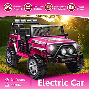 Sopbost 12v 7Ah 2-Seater Ride On Truck Electric Ride On Car for Kids w/Parent Remote Control Battery Powered Off-Road Ride on Toys w/Spring Suspension, LED Lights, Music (Pink)
