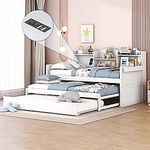 Linuque Twin Size Daybed with 2 Twin Trundles and Storage Shelf, Wooden Sofa Bed Frame with USB Charging Ports, No Box-Spring Needed, White