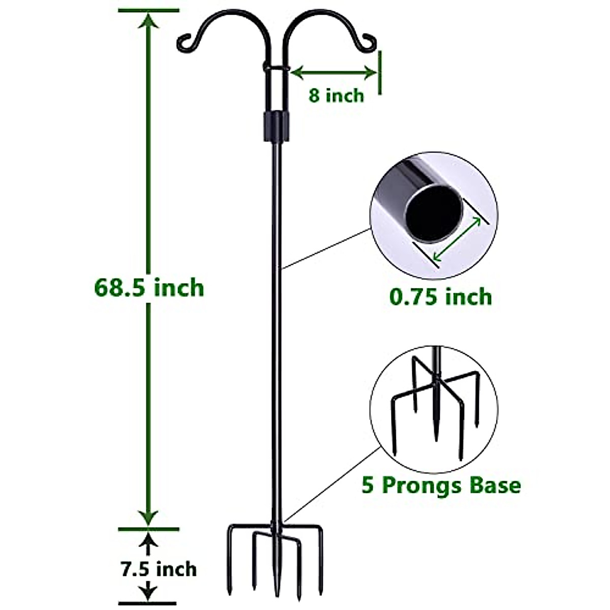 STAUKOK Double Shepherds Hooks for Outdoor, 2 Pack 76 Inch Bird Feeder Pole with 5 Prongs Base, Heavy Duty Garden Hook for Hanging Plant, Lantern, Hummingbird Feeder, 76 Inch