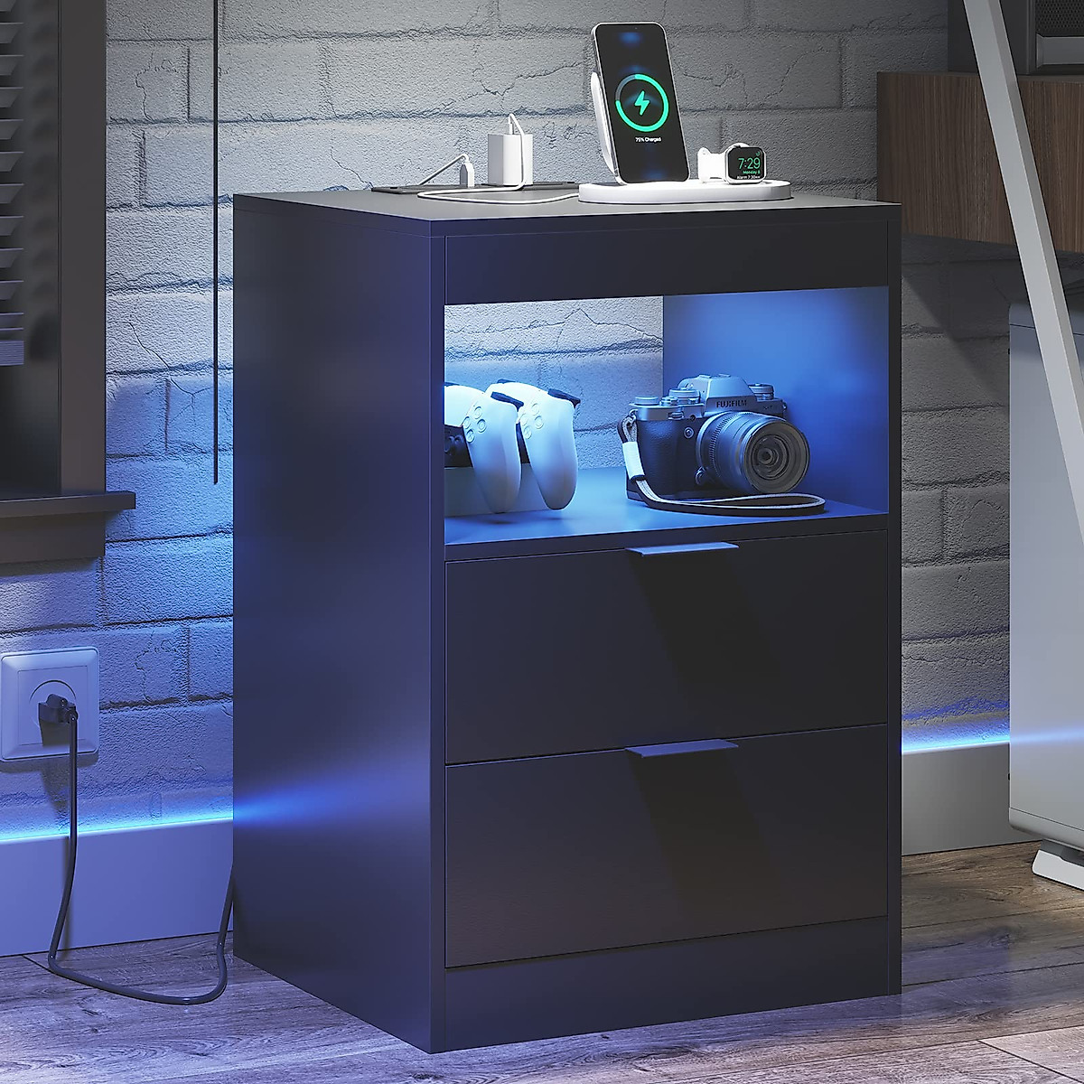 Tiptiper Black Nightstand with Wireless Charging Station and LED Lights, Bedside Table with 2 Drawers, Open Storage, 1 Pull-Out Tray, End Side Table with Charging Station, LED Night Stand with Storage