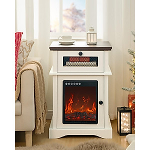 i-aplus White LED Nightstand Farmhouse Night Stand Fireplace Night Stand with Drawer LED Bedside Tables for Bedroom End Table