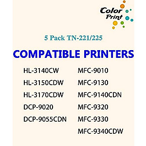 5-Pack ColorPrint Compatible Toner Cartridge Replacement for Brother TN-221 TN-225 TN221 TN225 Work with HL-3140CW 3150CDW 3170CDW HL-3180CDW MFC-9130CW 9340CDW 9330CDW Printer (2BK, 1C, 1M, 1Y)