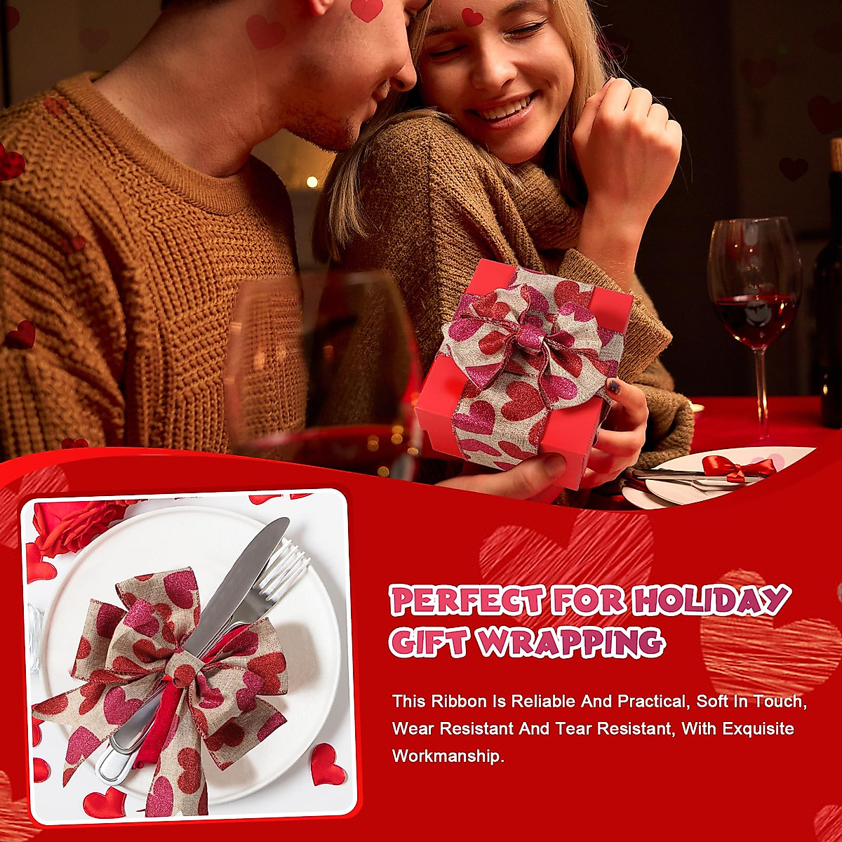 2 Roll 20 Yards Glitter Hearts Wired Edge Burlap Ribbon Valentine Ribbon Valentine's Day Wired Ribbon for DIY Gift Wrapping Wreath Crafts Decoration, 2.5 Inch (Black, Red, Pink)