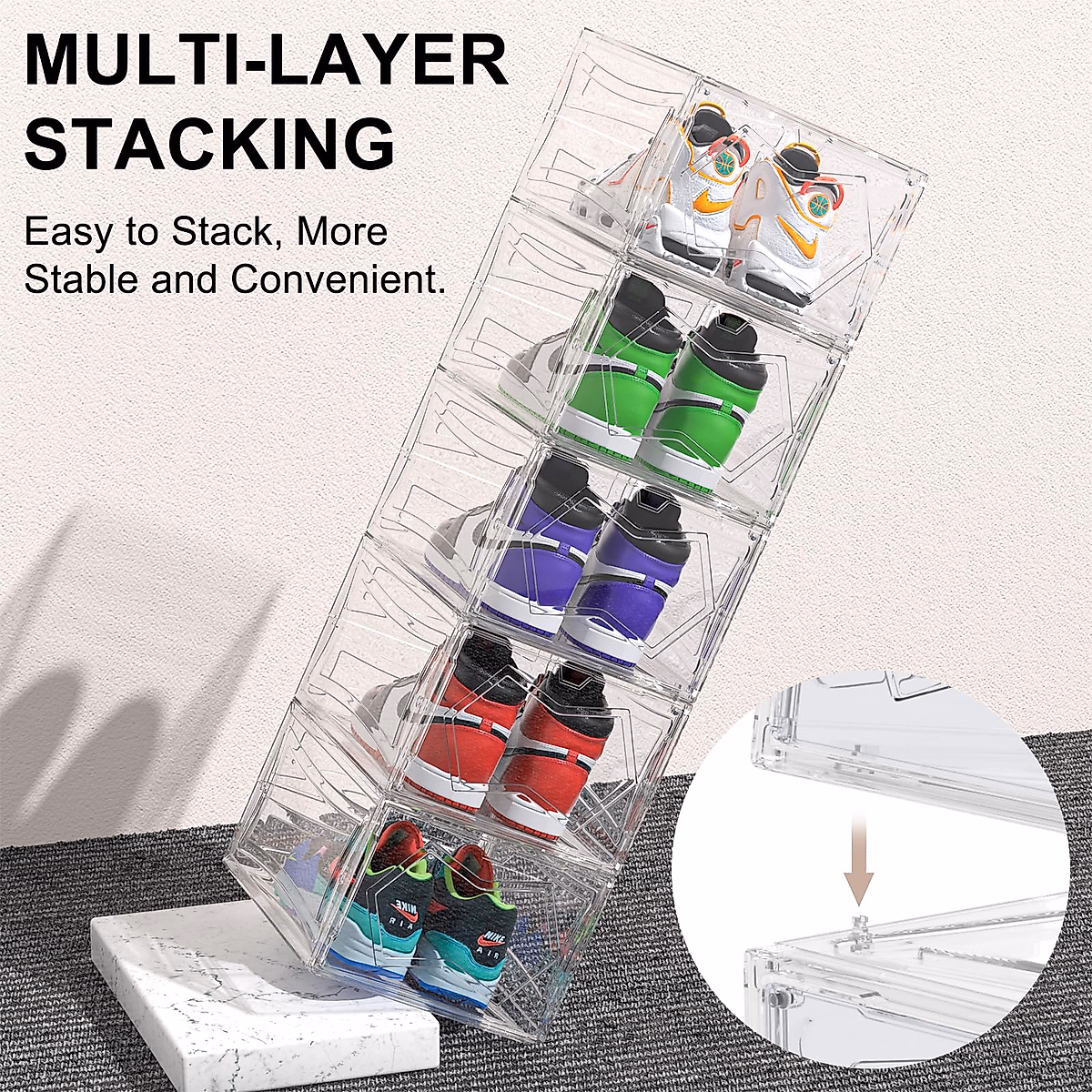 PRAKI Large Shoe Storage Boxes Organizer for Closet with Magnetic Door, 6 Pack Clear Stackable Shoe box for entryway, Space Saving Shoe Rack for Sneaker Boot Containers, 13.6 x 10.6 x 7.5 Inches