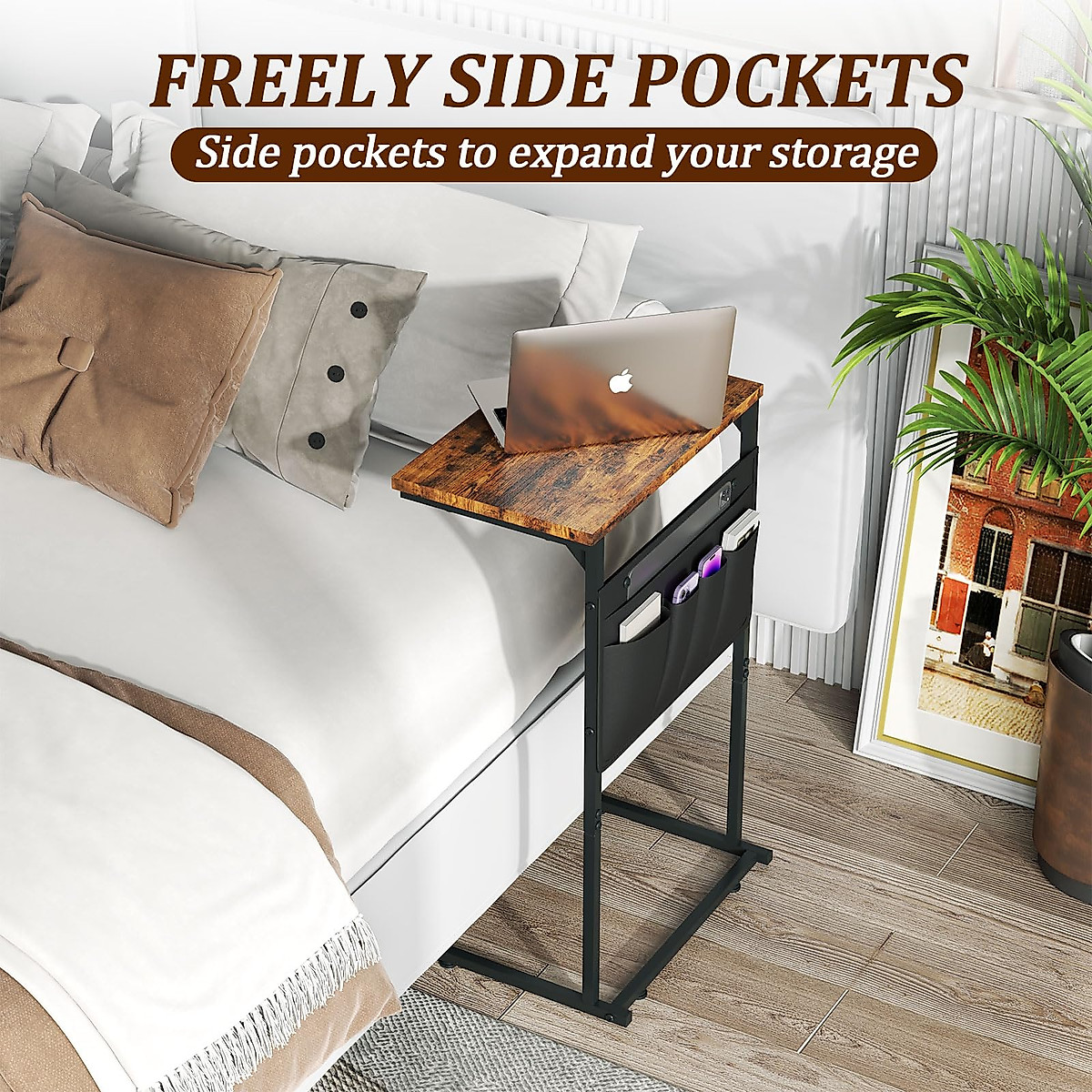 ZERDER C Shaped End Table, Small Side Table with Storage Bag for Couch, Sofa Table with Metal Frame for Living Room and Bedroom Bedside, Rustic Brown ZER-007Br