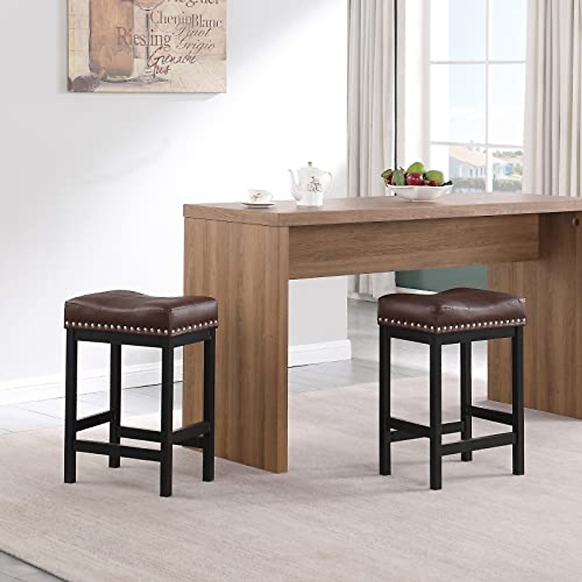 OUllUO Single Bar Stools, 24" Counter Height Bar stools, PU Leather Bar Stools for Kitchen Counter, Modern Metal Base Padded Saddle Barstool with Nailhead Trim Stools for Island,Brown,918BR1