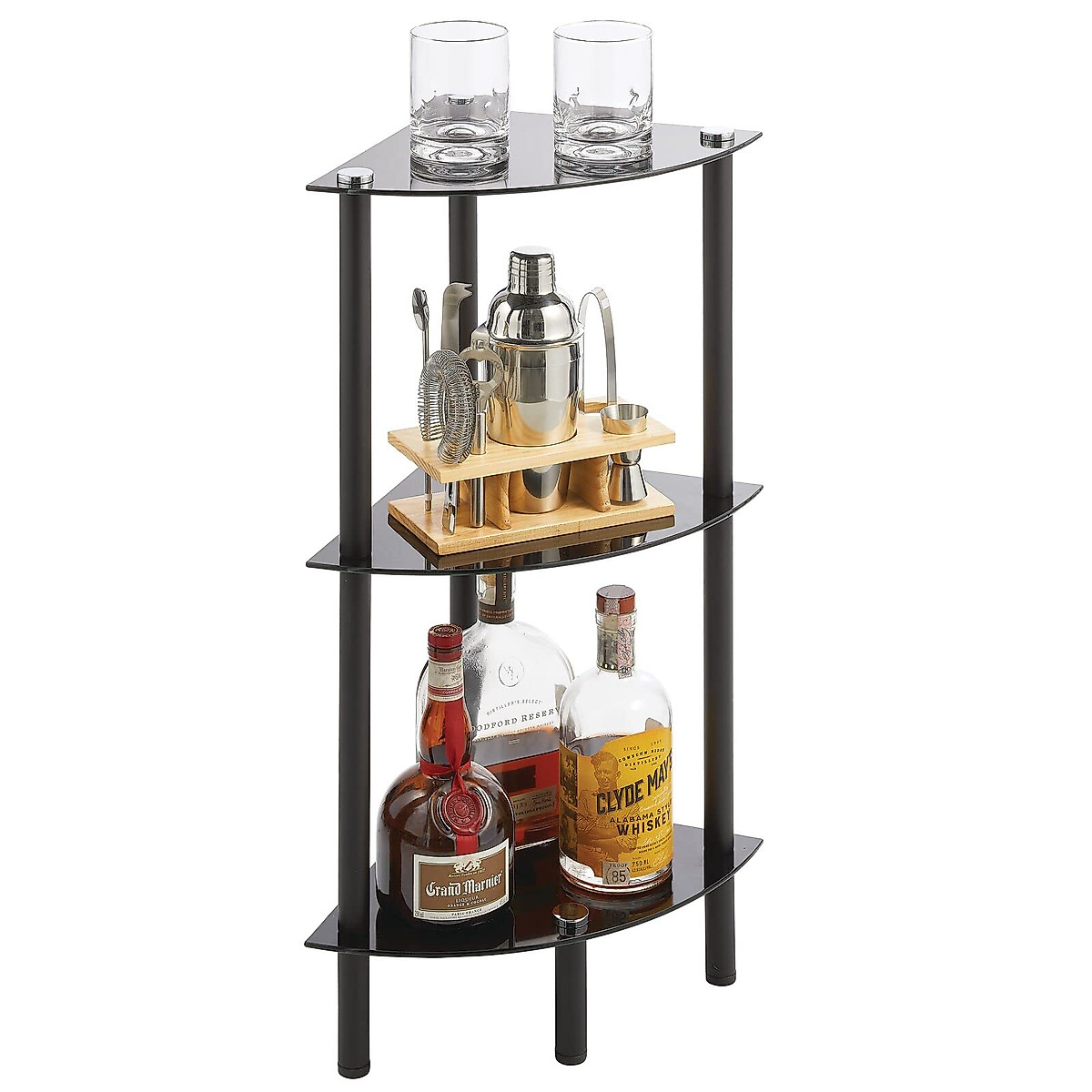 mDesign Modern Glass Corner 3-Tier Storage Organizer Tower Cabinet with Open Shelves - Household Furniture for Bathroom, Office, Bedroom, Living Room - Holds Books, Plants, Candles - Black/Black