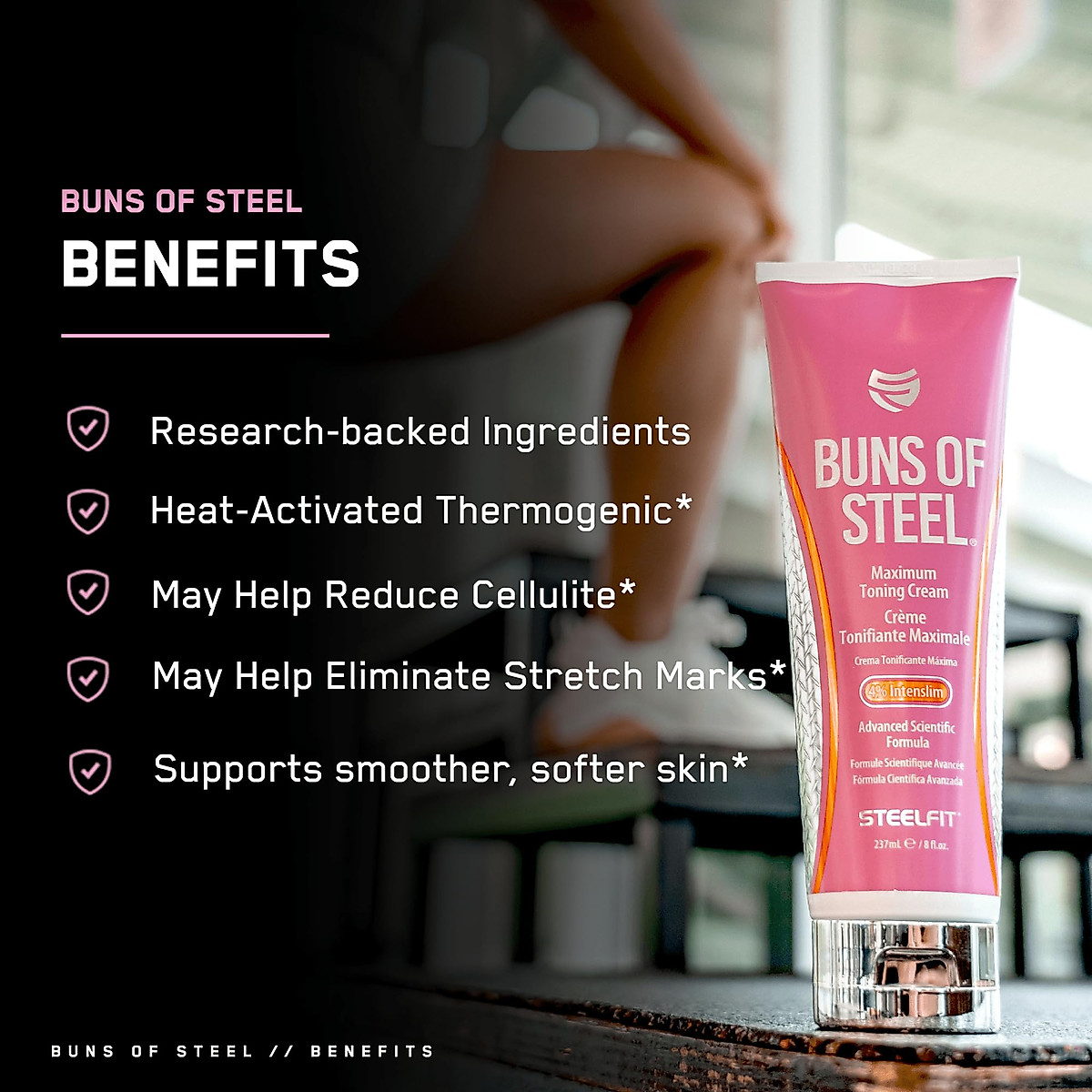 SteelFit Buns of Steel Cellulite Cream | 30-45 Days of Supply | Heat-Activated Maximum Definition Cream for Tight & Toned Glutes | Firming Body Lotion for Pre & Post Workout