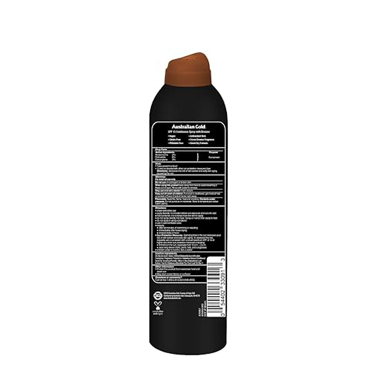 Australian Gold Continuous Spray Sunscreen with Instant Bronzer SPF 15, Immediate Glow & Dries Fast, Broad Spectrum, Water Resistant, Non-Greasy, Vegan and PETA Approved, Cocoa Dreams Scent, 6 Ounce