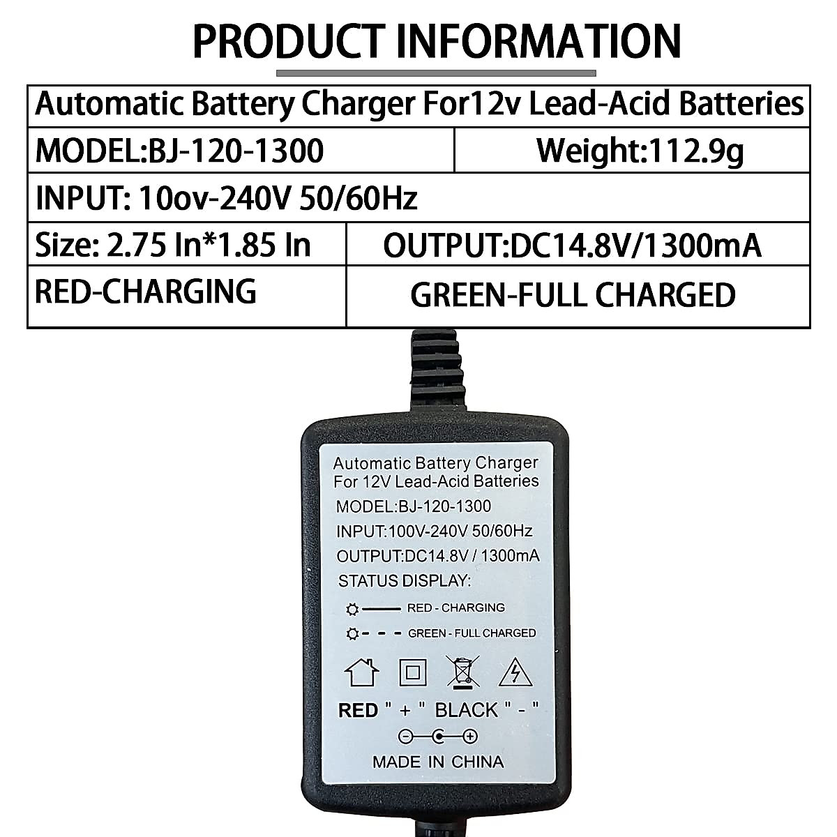 12V Sealed Lead Acid Battery Charger, 1300mA SLA Charger Adapter, Short Circuit Protection and LED Indicator Light, Automotive Accessories for Car, SUV, Tractor, Motorcycle