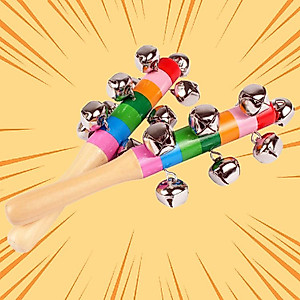 2 Pack Vivid Color Rainbow Handle Wooden Bells Jingle Stick Shaker Rattle 10 Jingle Bells Baby Kids Children Musical Toys