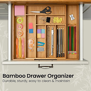 Bomba Bamboo Drawer Organizer – Premium Expandable Drawer Organizer for Cutlery and Kitchen Utensils – Natural Bamboo Wood Flatware and Cutlery Organizer – 8-Grid Silverware Tray for Drawer