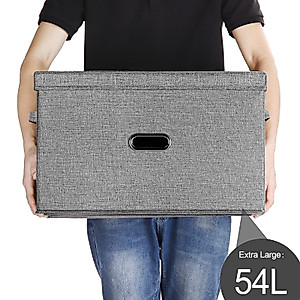 Valease Large Linen Fabric Foldable Storage Bins with Removable Lid and Handles, Washable Storage Box Organizer Containers Baskets Cube with Cover for Bedroom,Closet,Office,Nursery (Grey, Extra Large)
