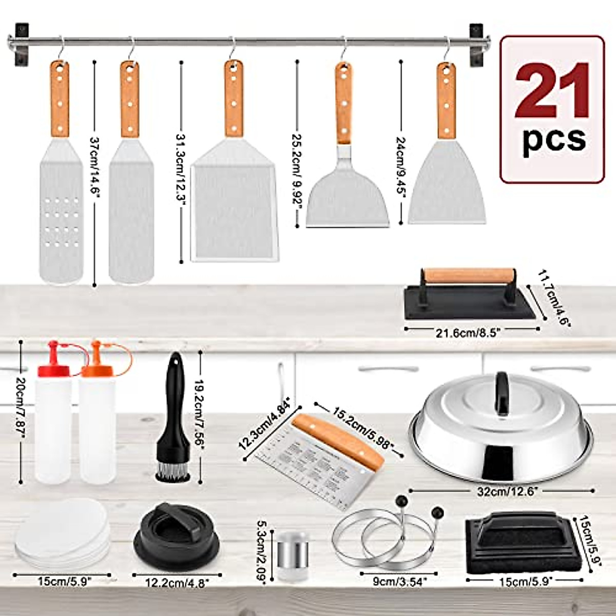 21Pcs Griddle Accessories Kit, Leonyo BBQ Flat Top Grill Accessories, Outdoor Camping Stainless Steel Metal Spatula Tools Set with 12" Melting Dome, Bacon Press, Burger Patty Maker, Meat Tenderizer