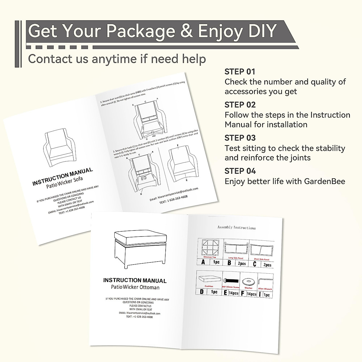 Gardenbee 4 Pieces Patio Conversation Set, Wicker Chairs Set of 2 and Two Ottomans with 3.5-inch Seat Cushions, High Back and Curved Armrest for Backyard, Balcony and Deck, Blue