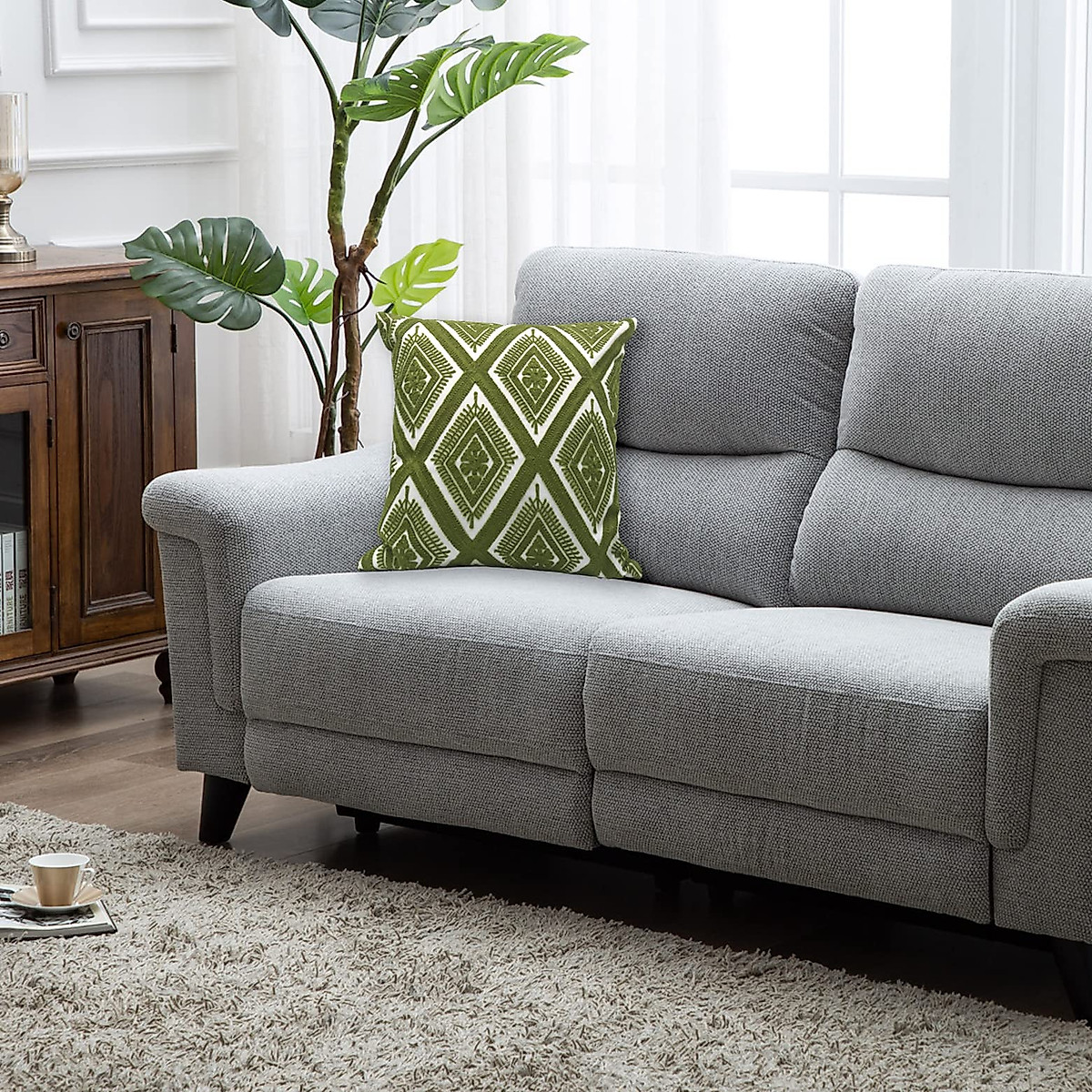 Alysheer Embroidered Decorative Throw Pillow Cover 18"x18", Boho Geometric Modern Thick Embroidery Pattern, Durable Cotton Canvas Soft Cushion Case for Sofa Couch Bed Living Room (Olive Green)