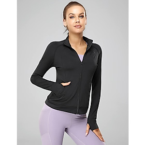 Locachy Women's Slim Fit Stretchy Athletic Workout Lightweight Full Zip Sports Jacket with Pockets Black S