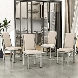 LUMISOL Upholstered Dining Chairs Set of 4, High Back Padded Dining Chairs with Solid Wood Legs, Modern Linen Fabric Kitchen Chairs (Gray + Beige)