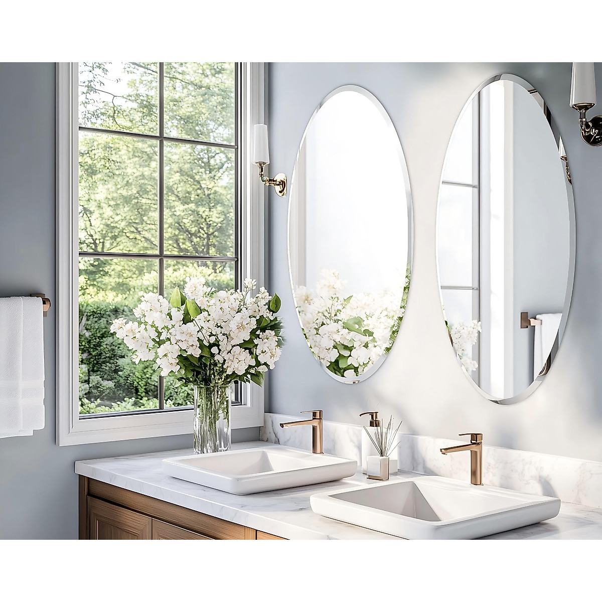 Artloge Frameless Oval Wall Mirror: Decorative Elliptical Mirrored Glass Vanity with Beveled Silver Edge for Bathroom Bedroom Livingroom Dining Room Entryway Hallway, 32 x 24 inch