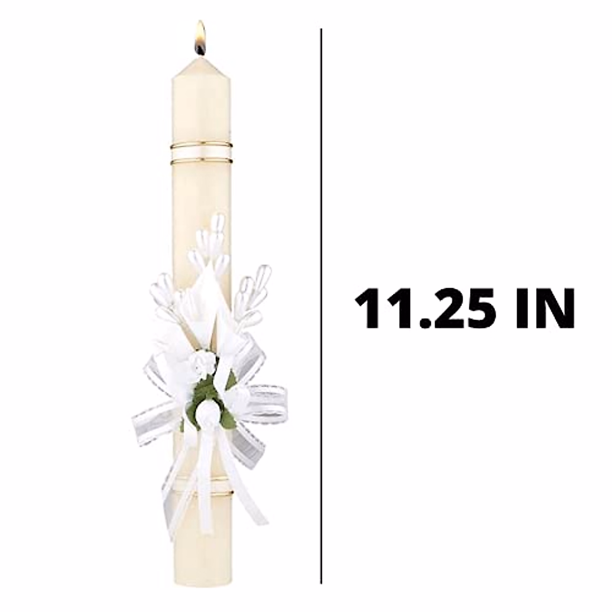First Holy Communion Hand Decorated Taper Candle with White Faux Flowers and Ribbon, Catholic Gifts for Girls and Boys, Tall Candles, Cirio para Primera Comunion, 11.25 Inches