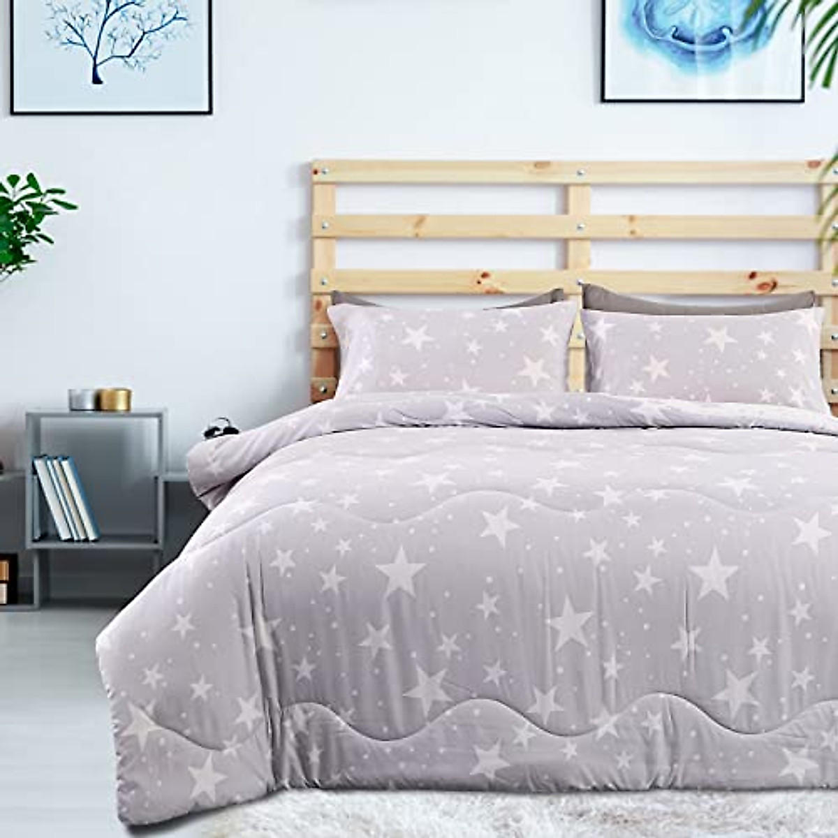Qucover Star Comforter Set Full Size, 3-Piece Reversible Grey & White Star Pattern Bedding Comforter Set for Boys, Girls, Teen, Super Soft Warm Winter Thick Comforter with 2 Pillowcase, 79x90 in