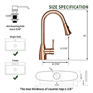 Copper Kitchen Faucet with Soap Dispenser, Single Handle Solid Brass High Arc Pull Down Sprayer Head Kitchen Sink Faucets with Deck Plate OH455
